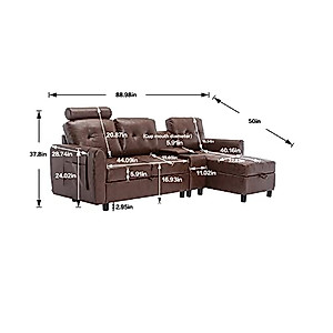 FANYE L-Shaped Corner Sectional Reversible Storage Chaise, Modern Convertible Sofa & Couch W/Headrest and Cupholders for Home Apartment Office Living Room, Brown PU Leather