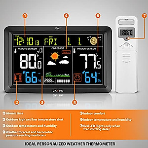 BAYGA Indoor Outdoor Thermometer Wireless, Weather Station with Atomic Clock, High Precision Temperature Humidity Meter, HD Color Display Weather Thermometer with Barometer and Adjustable Backlight