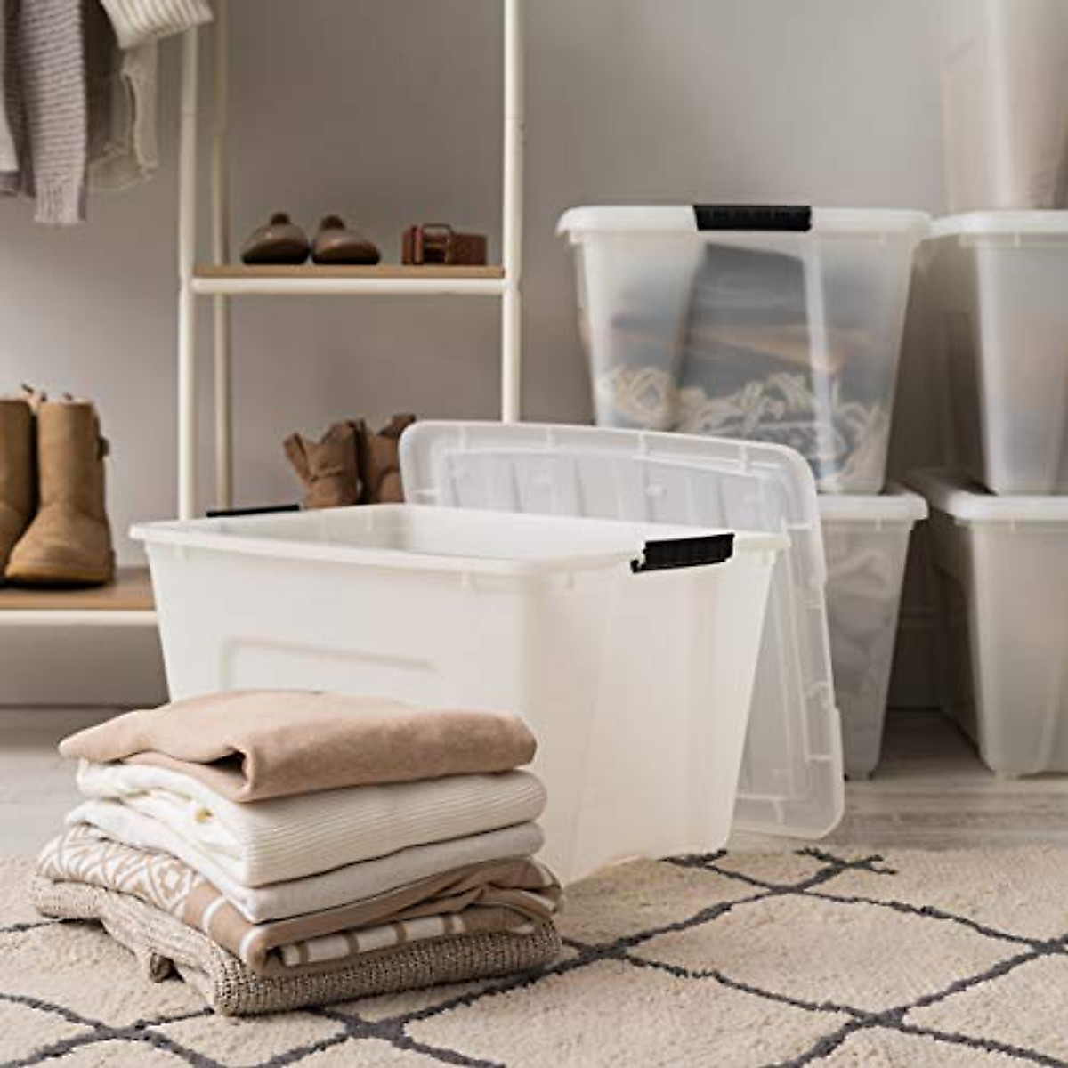 IRIS USA 54 Qt Stackable Plastic Storage Bins with Lids, 6 Pack - BPA-Free, Made in USA - Discreet Organizing Solution, Latches, Durable Nestable Containers, Secure Pull Handle - Pearl