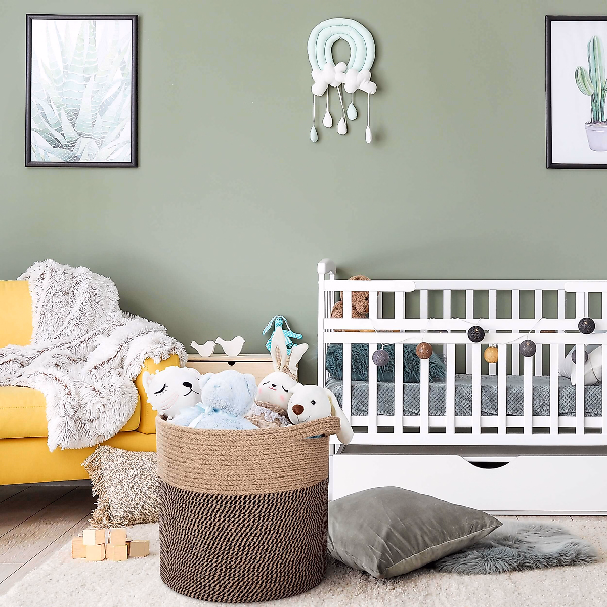 MINTWOOD Design 15 x 14 Inches Decorative Woven Cotton Rope Storage Basket, Stuffed Toy Basket Bin, Laundry Basket, Nursery Basket, Blanket Basket, Dog Toy Basket, Planter Basket, Black Jute