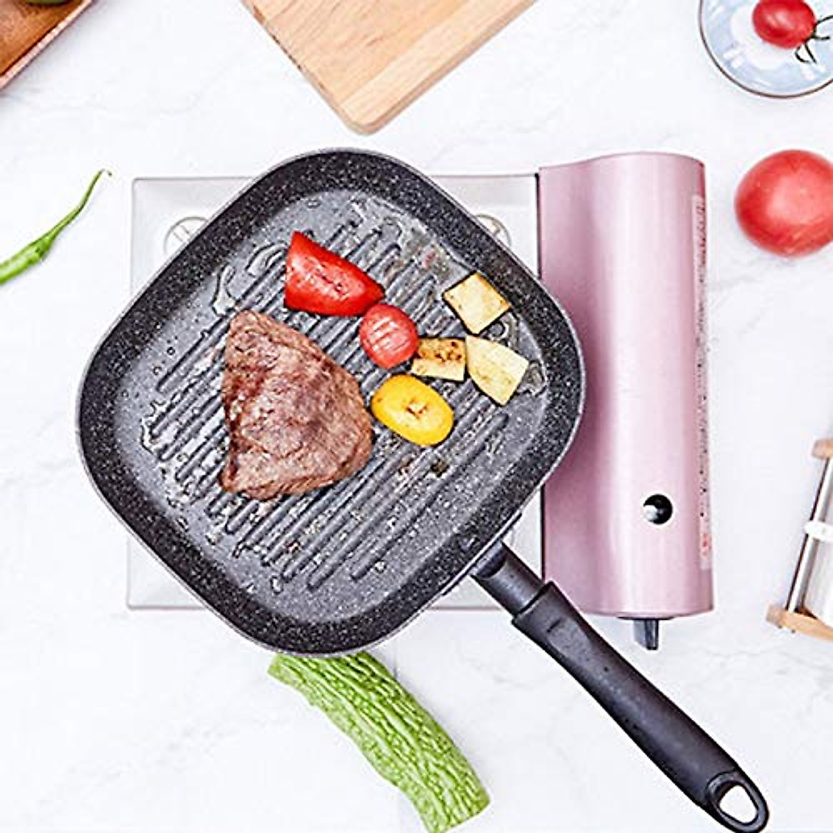 9in Aluminum Non-Stick Square Grill Pan Steak Fry Pans Multi-Function Snowflake Striped Frying Pan