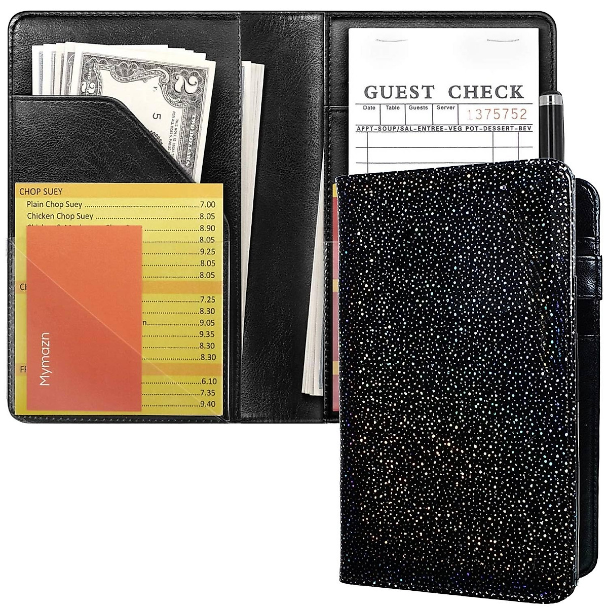 Glitter Black Server Book for Waitress Book Server Wallet Waiter Book Cute Bling Waitstaff Organizer Fit Waitress Apron (Glitter Black)