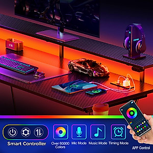 SEVEN WARRIOR Gaming Desk with LED Lights & Power Outlets, 31.5" Computer Desk with Monitor Shelf, Home Office Desk with Cup Holder and Headphone Hook, Ergonomic, Carbon Fiber Surface Black