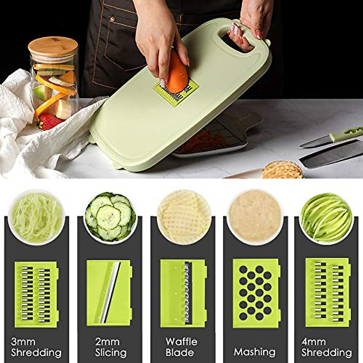 Collapsible Cutting Board, HI NINGER Foldable Chopping Board with Colander, 9-In-1 Multi Chopping Board Kitchen Vegetable Washing Basket Silicone Dish Tub for Camping, Picnic, BBQ, Kitchen-Green