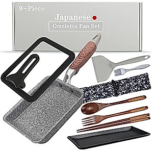 DXBVIEX 9 PCS Tamagoyaki Pan Set, Japanese Omelette Pan Nonstick with Lid, Square Japanese Egg Pan, Rectangle Tamago Pan 7.6" x 5.7" Grey