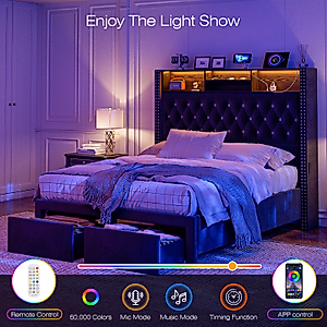 CIKUNASI Upholstered Queen Size Bed Frame with Headboard and Storage, 60“Tall Bed Frame with 2 Drawers, Tufted Wingback Bed Frame Queen Size LED Light, Charging Station, No Box Spring Needed