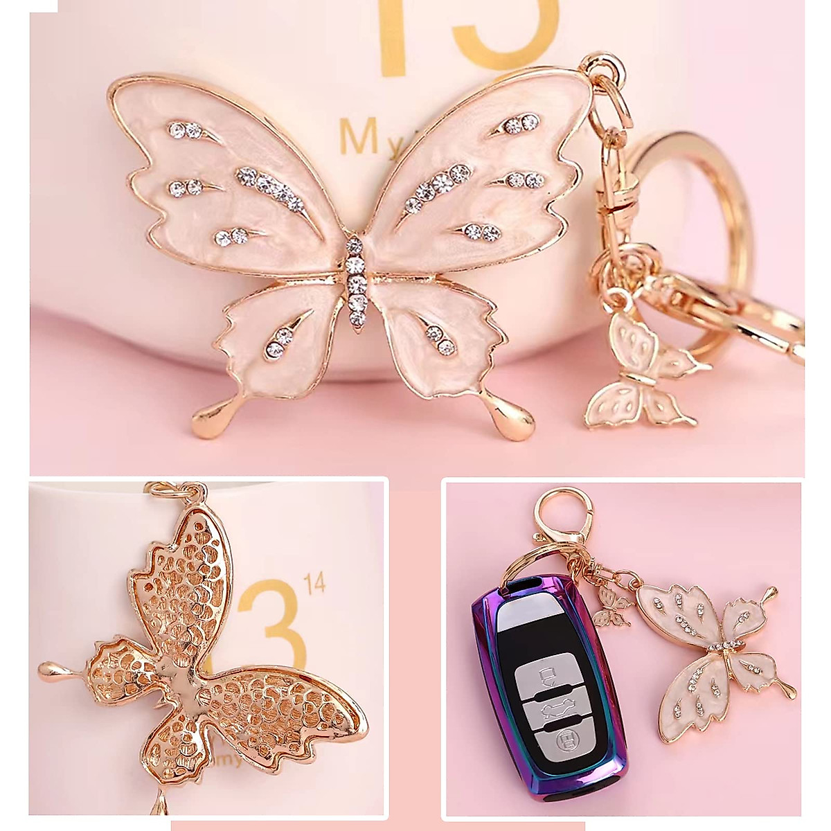 ROPAKED 2 Pieces Butterfly Keychain Cute Key Chains,Butterfly Gift,Crystal Bling Diamond keychain,Butterfly Accessories for Women Car Keys