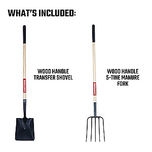 CRAFTSMAN CMXMKIT0070 2-Piece Long Wood Handle Composting Tool Set with Transfer Shovel and 5-Tine Manure Fork, Brown