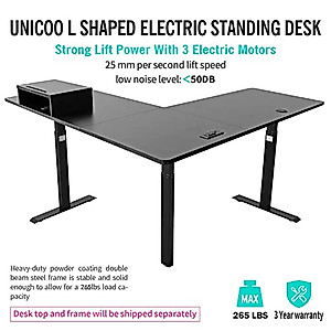 UNICOO - L Shaped Triple Motor Electric Height Adjustable Standing Desk, Computer Corner Desk, Home Gaming Desk, Office Writing Workstation (Black Top/Black Frame - XOT-L3E-BB)