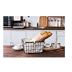 DODXIAOBEUL Handmade -Open Storage Bread Food Basket,Kitchen Cabinet and Pantry Storage Organizer Bin & Containers- Two Cut-Out Handles Wire Metal with Canvas Lining 13x10x7.5 Inches Black