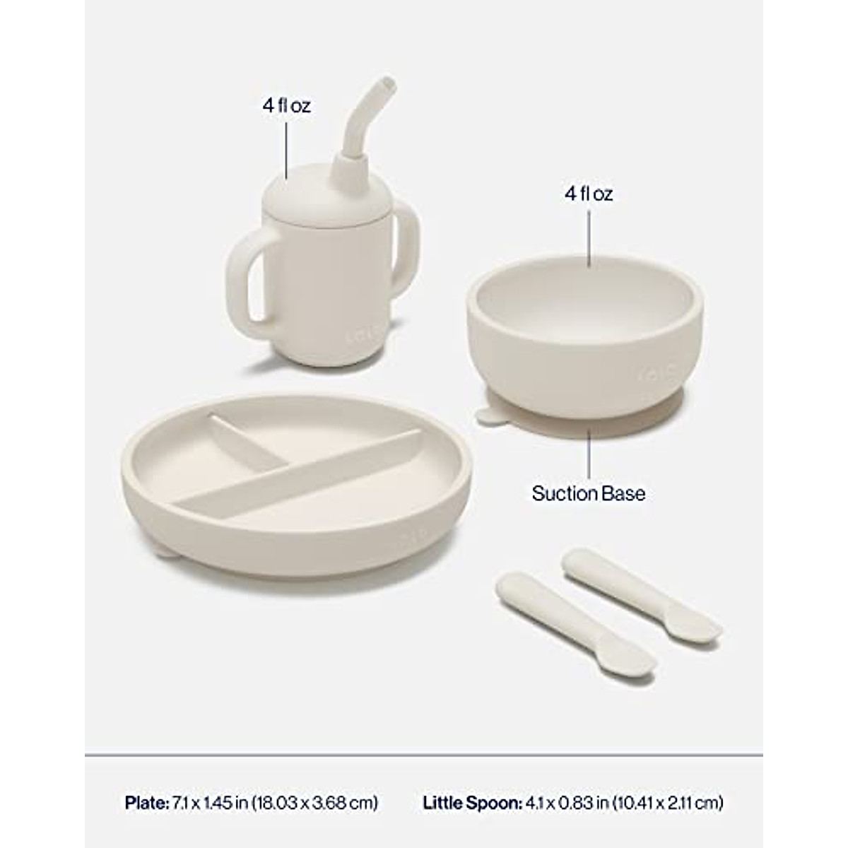 Lalo First Bites Silicone Baby Feeding Set - Baby Led Weaning Supplies - Non-Toxic Silicone - Includes 2 Bibs, 2 Spoons, Training Cup, Suction Plate and Bowl - 6 Pieces - Oatmeal