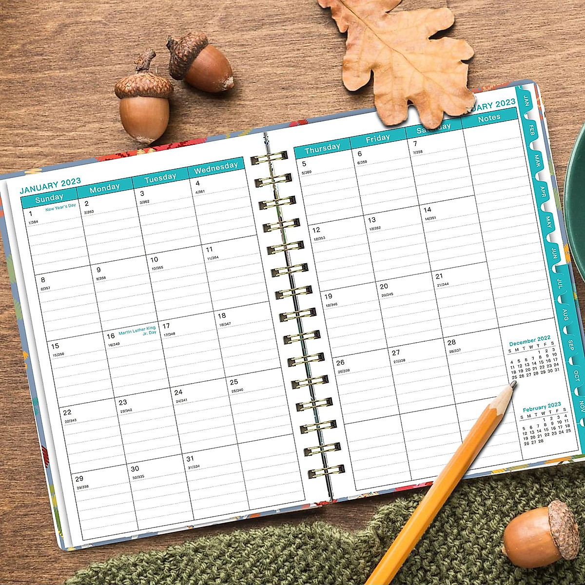 Ymumuda 2023 Planner, Weekly Monthly Planner 2023, 12-Month School Planner from JAN.2023 to DEC.2023, 8.4" X 6", Spiral Planner Notebook with Stickers, Elastic Closure, Inner Pocket, Coated Tabs, Grey Embroidery Floral