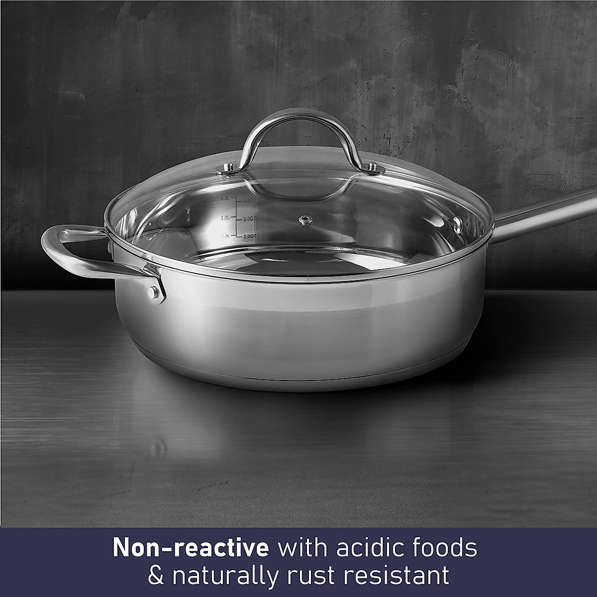 Bergner - Gourmet - 5 Quart Sauté Pan with Lid – Stainless-Steel Non-Stick Saucepan with Tempered Glass Lid - Even Heat Distribution - Safe For All Stove Types