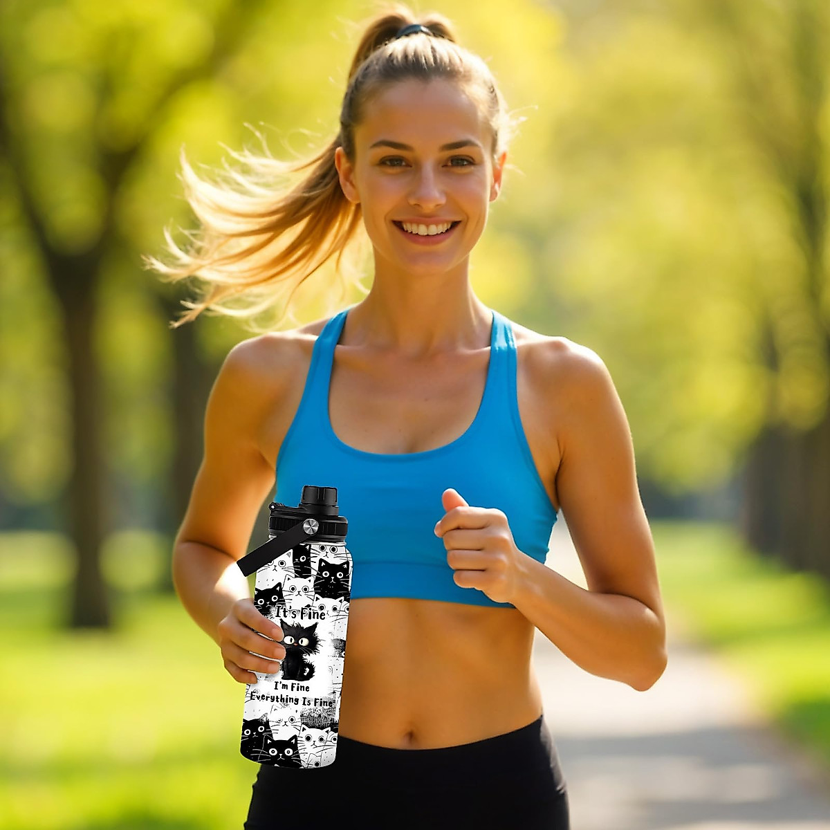 WWHSAI Cat Lover Gifts, Everything Is Fine I'm Fine Black Cats Water Bottle Travel Tumbler 32Oz, Christmas Birthday Gift for Cats Lovers Women Cup Cute Cat Themed Stuff Funny Coffee Mugs