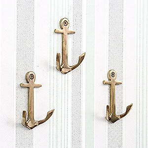 IndianShelf Anchor Hooks Nautical Hooks for Hanging Towels Decorative Hooks Antique Coat Hooks Gold Wall Hook Nautical Key Holder for Wall Vintage Wall Hooks Towel Hooks for Bathrooms-3 Pieces
