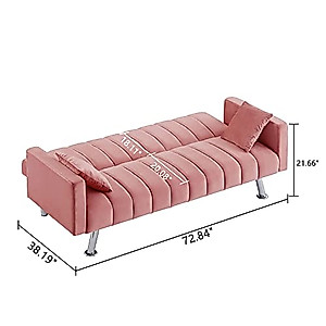AWQM Sofa Bed, Upholstered Convertible Sofa Bed with 2 Pillows, Modern Sleeper Sofa Couch with Wooden Frame and Metal Legs, Comfortable Velvet Sofa Suitable for Living Room Bedroom Office (Pink)