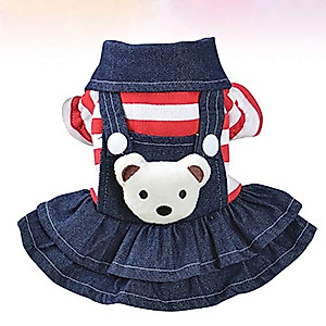 POPETPOP Denim Dog Dress - Cute Red Stripe Plush Bear Cowboy Pet Skirt, Pet Clothes for Small Medium Large Dogs Puppy, Pet Costumes