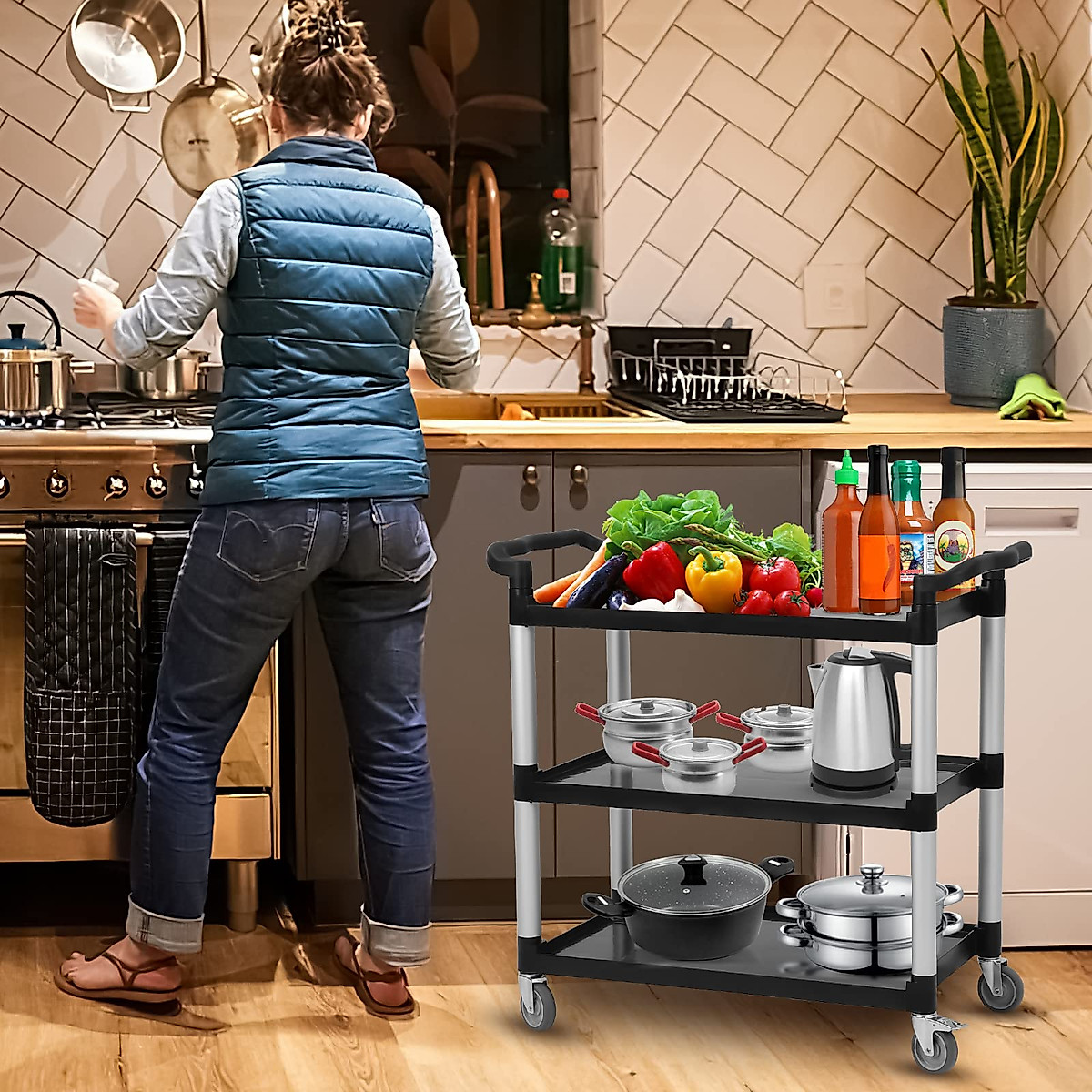 Service Cart Heavy Duty 3-Shelf Rolling Utility/Push Cart with Lockable Wheels, 360 lbs. Capacity, Black, for Foodservice/Restaurant/Cleaning (Black)