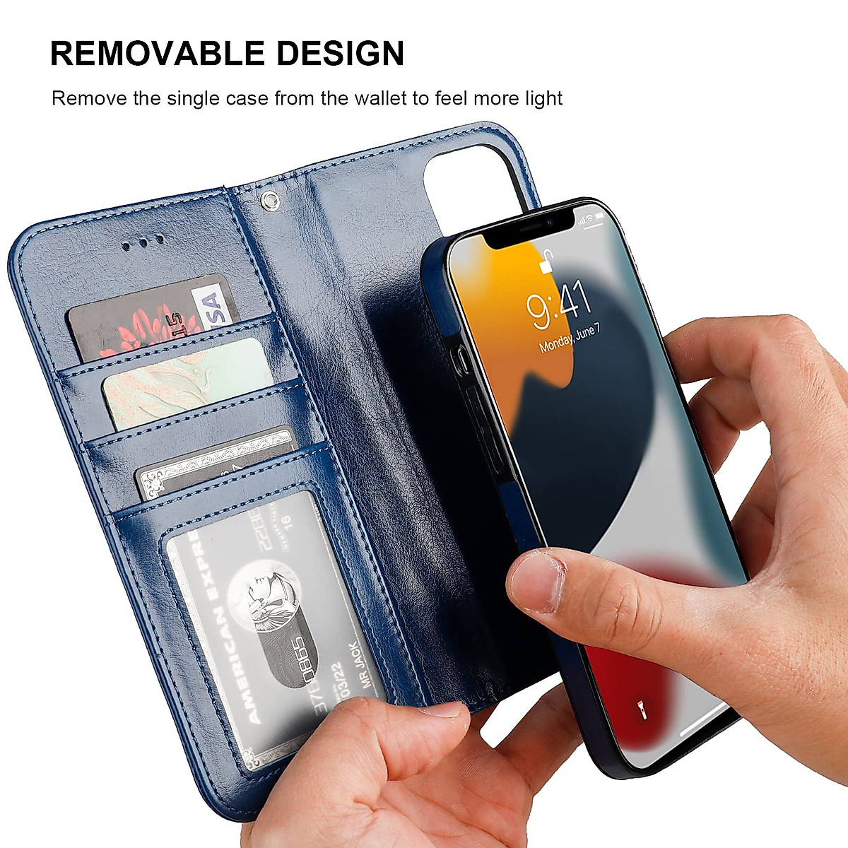 Bocasal Detachable Wallet Case for iPhone 13 RFID Blocking Card Slots Holder Premium PU Leather Magnetic Kickstand Shockproof Wrist Strap Removable Flip Protective Cover 5G 6.1 inch (Blue)