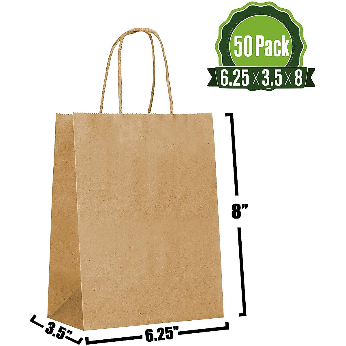Paper Bags with Handles Bulk 6.25 X 3.5 X 8 [50 Bags] Ideal for Shopping, Packaging, Retail, Party, Craft, Gifts, Wedding, Recycled, Business, Goody and Merchandise Kraft Bag (Brown)