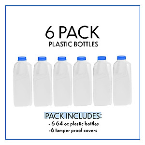 [6 PACK] Half Gallon Jugs With Caps - 64oz Empty Milk Plastic Container Bottles and Lid