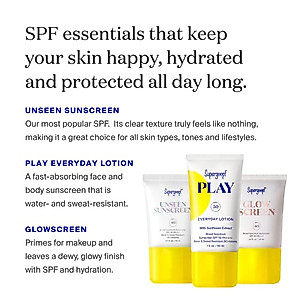 Supergoop! SPF Bestsellers Starter Kit - Reef-Friendly, Broad Spectrum Sunscreen for Face & Body - Includes Play Everyday Lotion SPF 50, Unseen Sunscreen, Glowscreen SPF 40 & Reusable Pouch