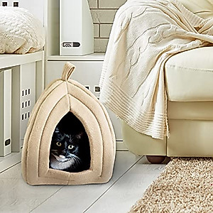 Cat House - Indoor Bed with Removable Foam Cushion - Pet Tent for Puppies, Rabbits, Guinea Pigs, Hedgehogs, and Other Small Animals by PETMAKER (Tan),(L) 13.5” x (W) 13.5” x (H) 15”