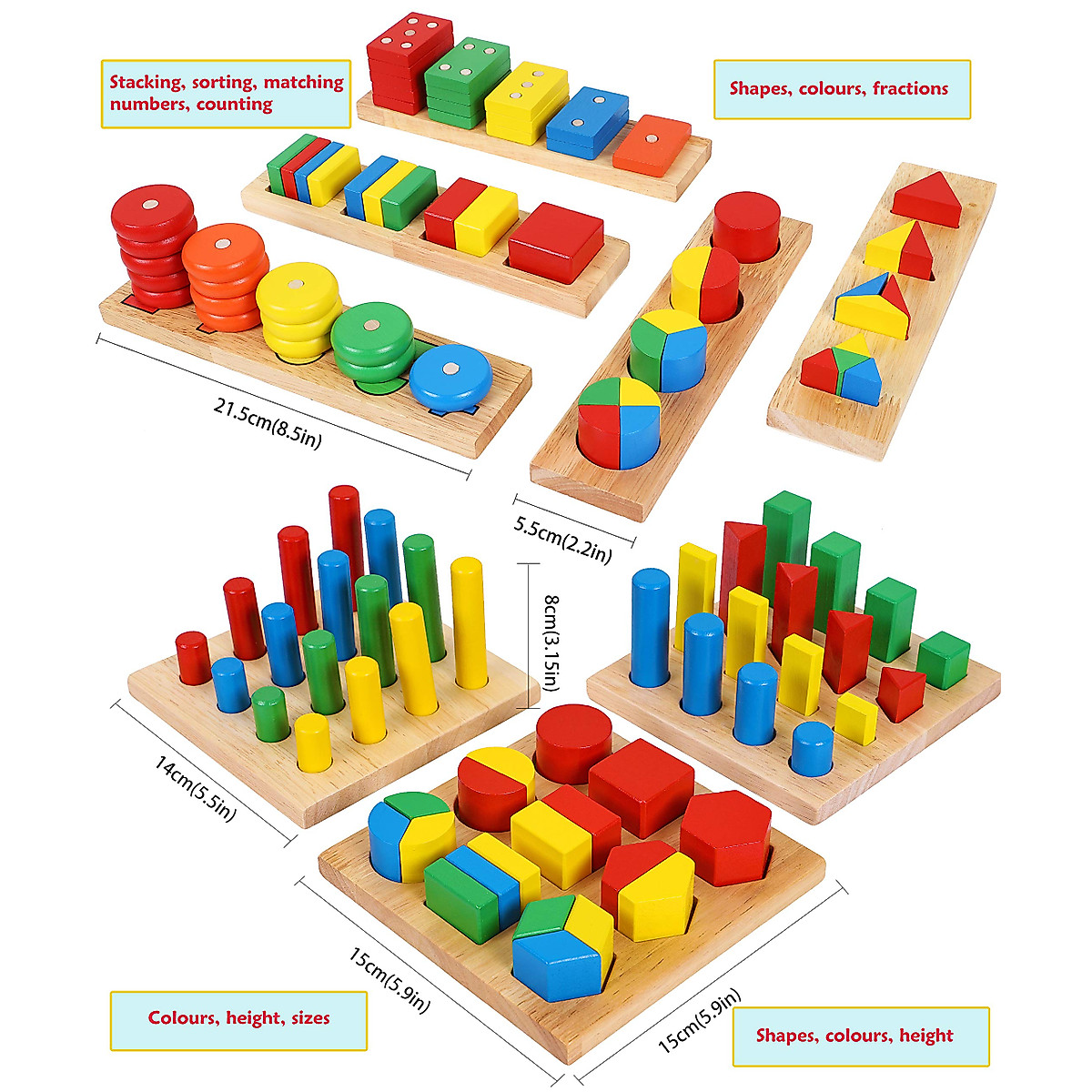 TOWO Wooden Geometric Shapes Stacking Rings and Fractions Boards 8 in 1 Set Puzzles- Shape Sorter Sorting Toy Stacking Game – Montessori Materials Educational Learning Toys for 3 4 5 6 Years
