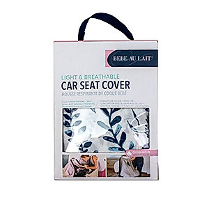 Bebe au Lait Classic Muslin Car Seat Cover, Easy Snap Straps, Fully Zippered Opening - Blue Leaves