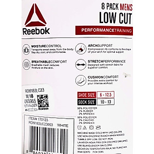 Reebok Men's Low-Cut Socks Performance Training 8 Pairs, Size 10-13 (White)