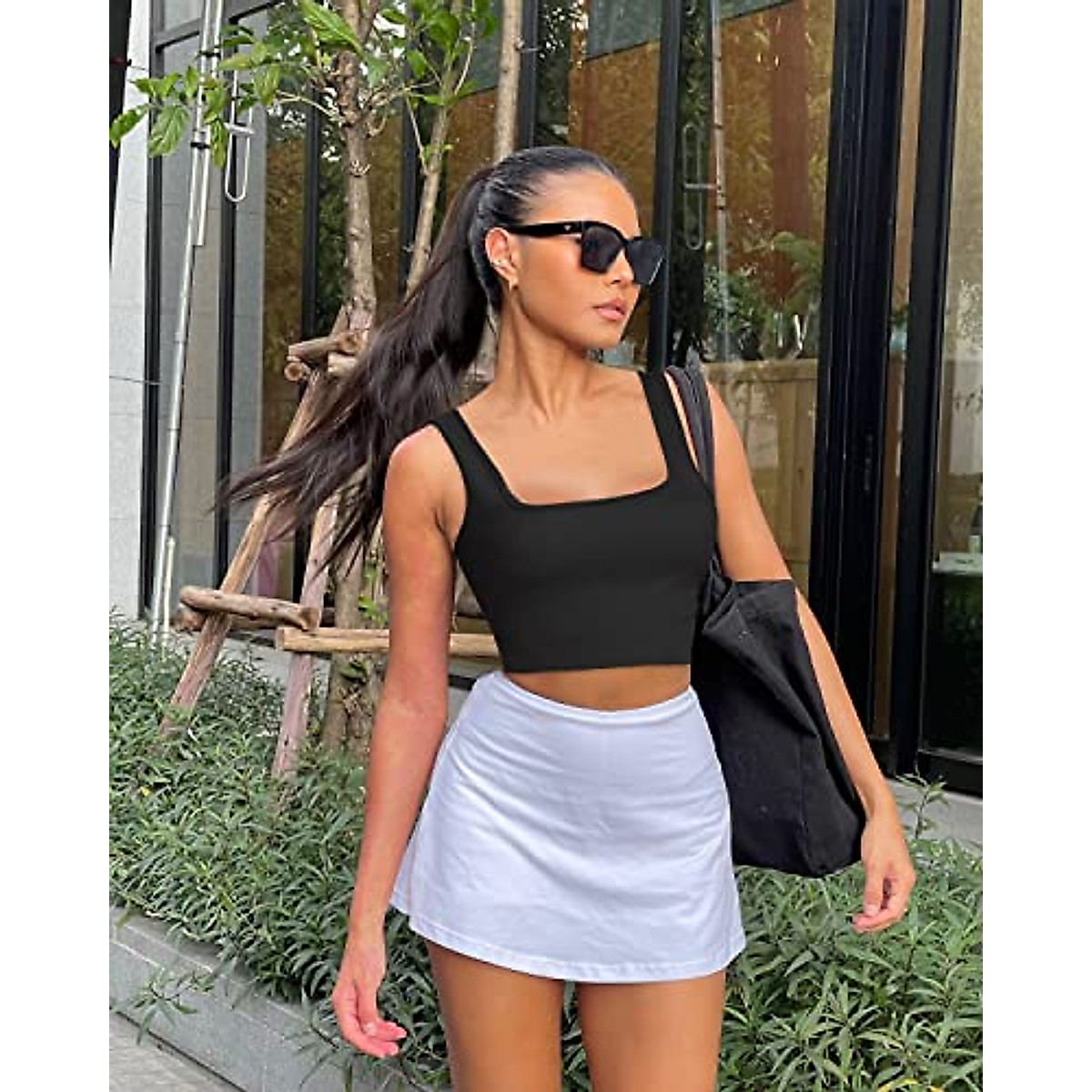 OLCHEE Women's 3 Pack Crop Tank Tops - Seamless Ribbed Sleeveless Square Neck Yoga Gym Shirts, Black Brown Beige Medium