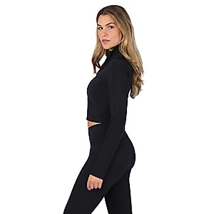 90 Degree By Reflex Womens Interlink Ribbed Half Zip Long Sleeve Crop Top Jacket - Black - Medium