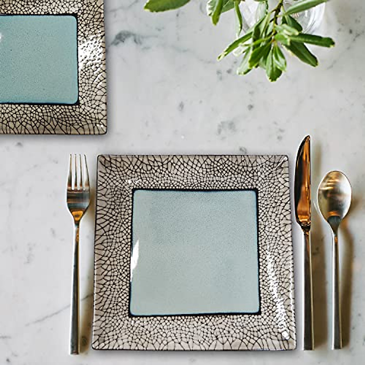 American Atelier Square Dinnerware Sets | Blue Kitchen Plates, Bowls, and Mugs | 16 Piece Stoneware Via Roma Collection | Dishwasher and Microwave Safe | Service for 4