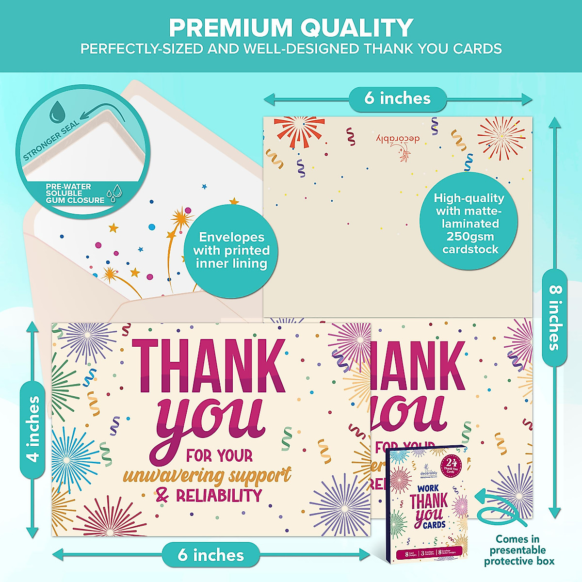 Decorably Work Cards with Envelopes & Stickers - 24 Pack Employee Appreciation Cards with Envelopes & Stickers, Blank Inside 6x4in Employee Thank You Cards for Employees Appreciation
