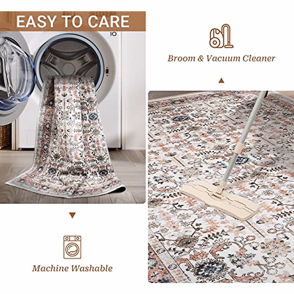 befbee 8x10 Area Rugs for Living Room- Ultra-Thin Stain Resistant Washable Rug, Non-Slip Backing Rugs, Large Room Decor Area Rug (Peach/Grey,8'x10')