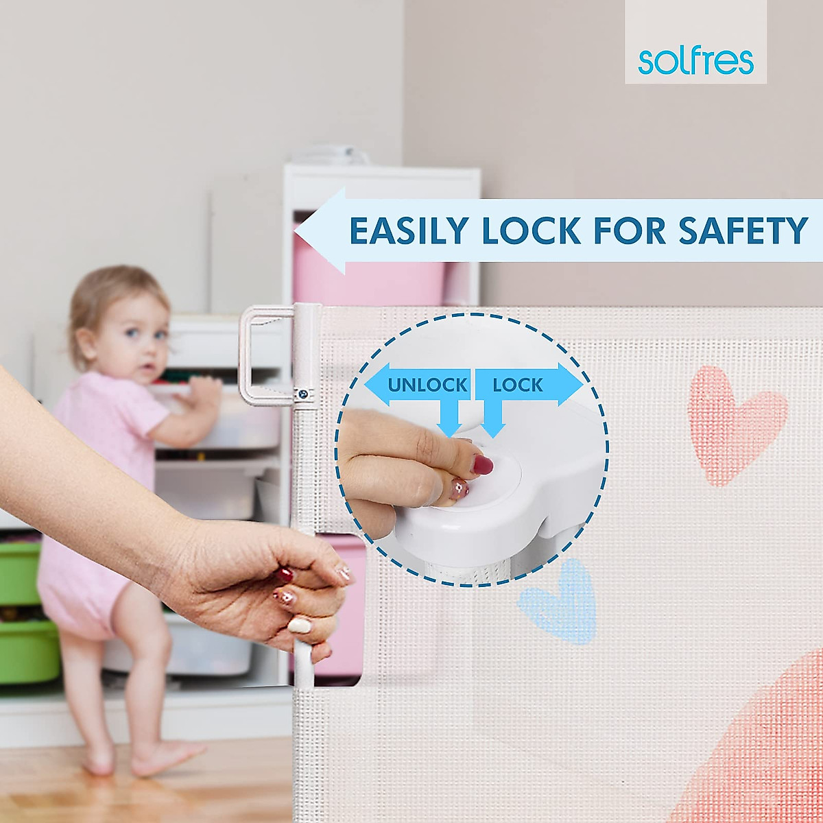 Solfres Rainbow Retractable Baby Gates, Safety Gate for Babies & Dogs Indoor 33" Tall Extends to 59" Wide, Extra Wide Mesh Gates for Kids or Pets, Pet Gate for Doorways Hallways Stairs Outdoor