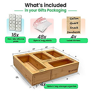 UNEXZON Bamboo Ziplock Bag Storage Organizer For Kitchen Drawer. Ziploc & Plastic Bag Holder, Baggie Organizer Compatible With Gallon, Quart, Sandwich & Snack Variety Size Food Bags (1 Box 4 Slots)