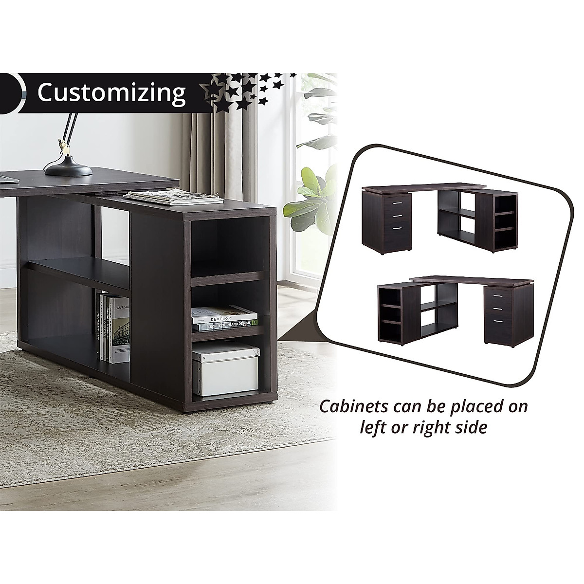 Naomi Home Ariel L Shaped Executive Desk with Drawers, Wood Home Office Corner Desk, File Drawer, Storage Cabinet, 60 inch Computer Writing Desk- Espresso