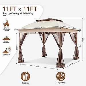 Cool Spot 11x11 Pop-Up Instant Gazebo Tent with Mosquito Netting Outdoor Canopy Shelter with 121 Square Feet of Shade by COOS BAY (Beige)