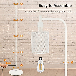 BoostArea White Industrial Floor Lamp, 67 Inch Modern Standing Lamp with Iron Mesh Lampshade, 6W LED Stand Up Lamp for Living Room, Bedroom, Office, Den