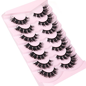 JIMIRE Mink Lashes Natural Look Silk False Eyelashes Fluffy Cat Eye 6D Wispy Faux Mink Lashes Flat Soft Strips 15MM Fake Lashes 7 Pairs Pack