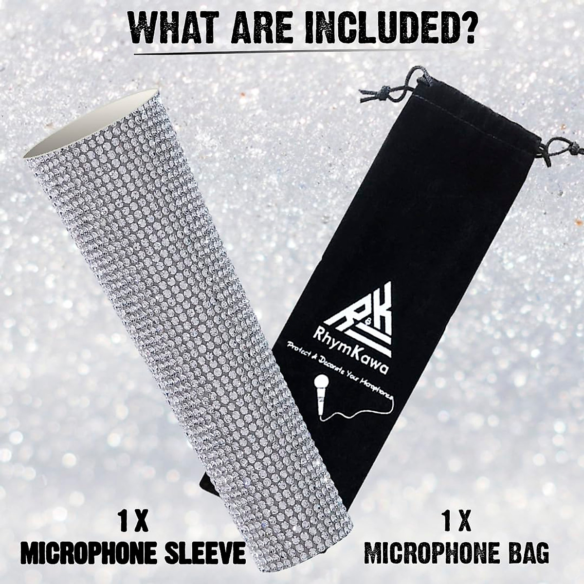 RhymKawa B58 Silver Mic Handle Sleeve Replacement Fit for Most Wired Vocal Microphones and SM58LC, Beta 58A, Rhinestones Cover Shining on Tours & TV Shows (MIC NOT Included)
