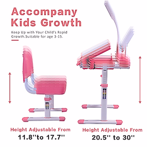 Napfox Desk for Kids Desk and Chair Set Kids Art Desk Drafting Table Desk Set with Adjustable Height, 40-Degree Tiltable Children Desktop, LED Light,Bookstand,Pink