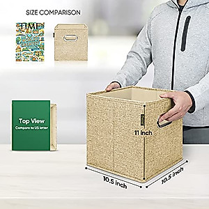BALEINE Premium Foldable Cube Storage Bins, Collapsible Linen Fabric Cube Organizer with Aluminum Handles, 10.5" x 10.5" x11" Heavy Duty Cube Baskets, Beige 4 Pack