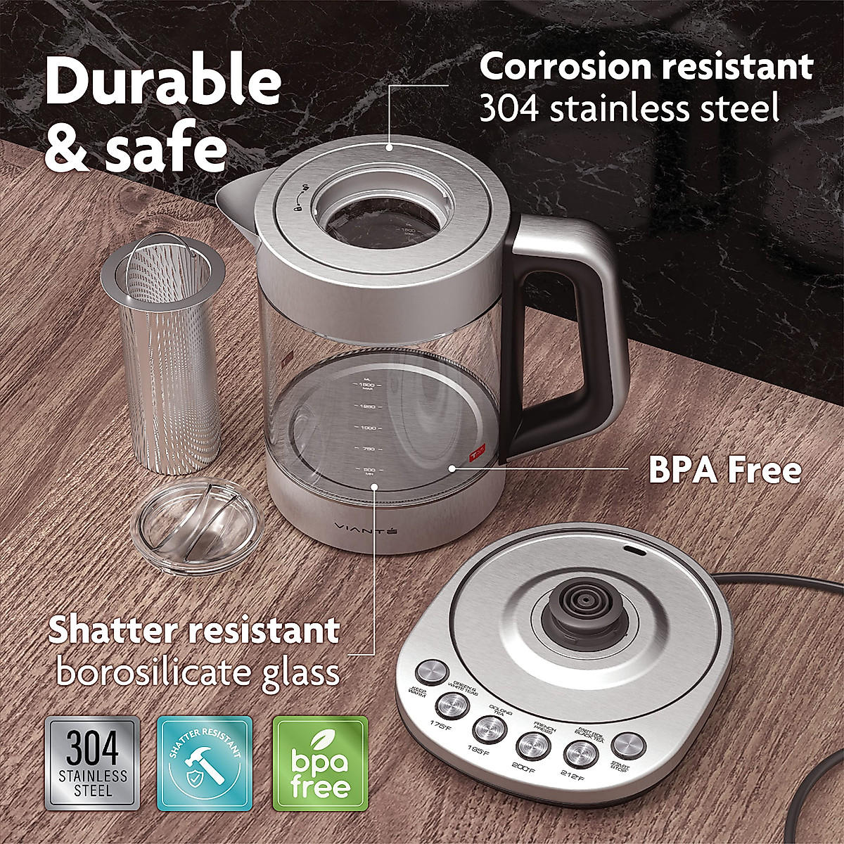Hot Tea Maker Electric Glass Kettle with tea infuser and temperature control. Automatic Shut off. Brewing Programs for your favorite teas and Coffee.
