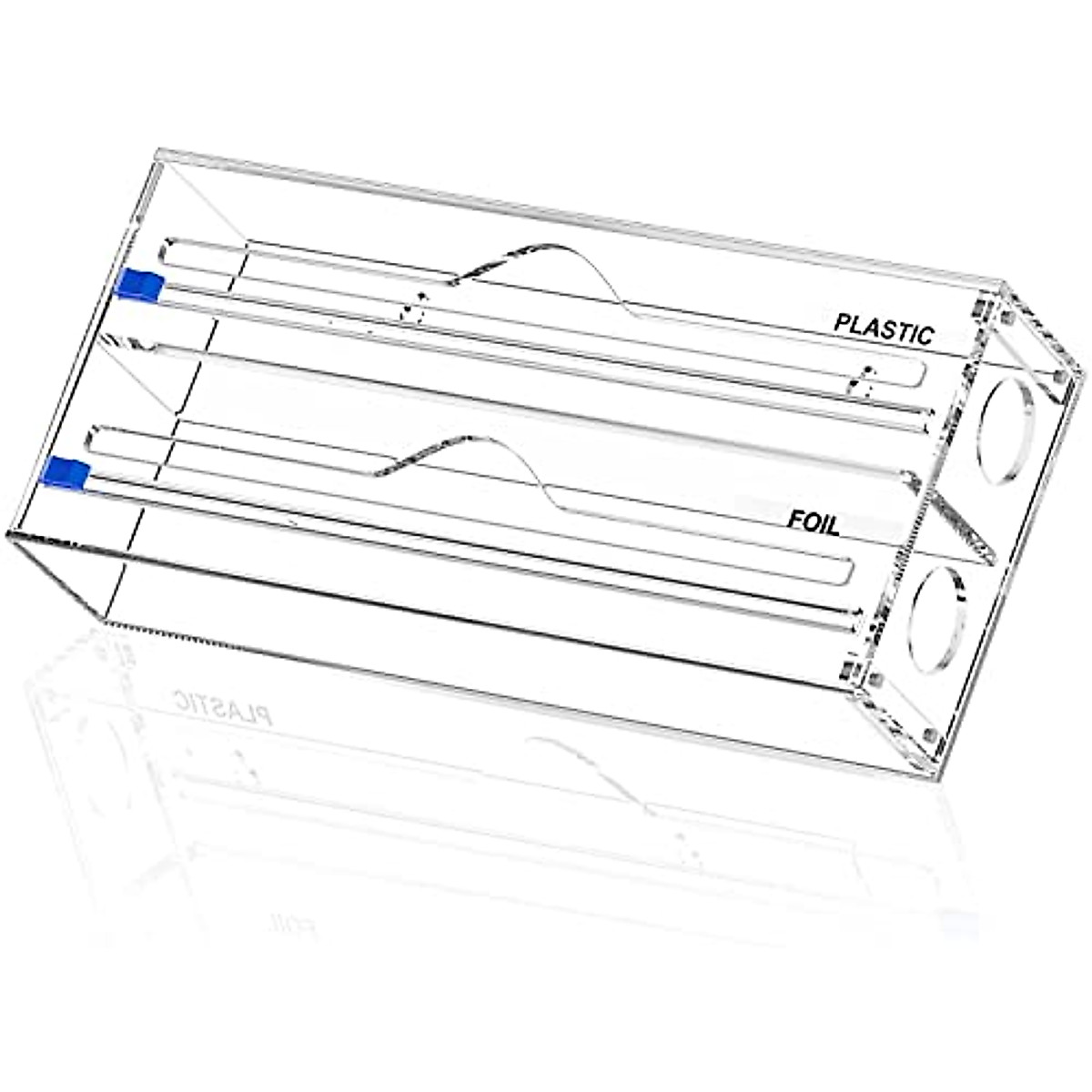 2 in 1 Plastic Wrap Dispenser with Cutter, Acrylic Aluminum Foil and Wax Paper Dispenser with Slide Cutter for Kitchen Drawer, Plastic Wrap Parchment Roll Organizer Holder, Fits 12" Roll, Clear