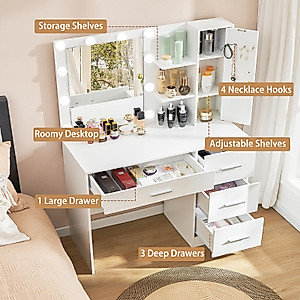 usikey Makeup Vanity with Lights, Vanity Desk with Mirror and 10 LED Lights, Vanity Table Set with 4 Drawers, Cabinet & 4 Necklace Hooks, Dressing Table for Bedroom, White