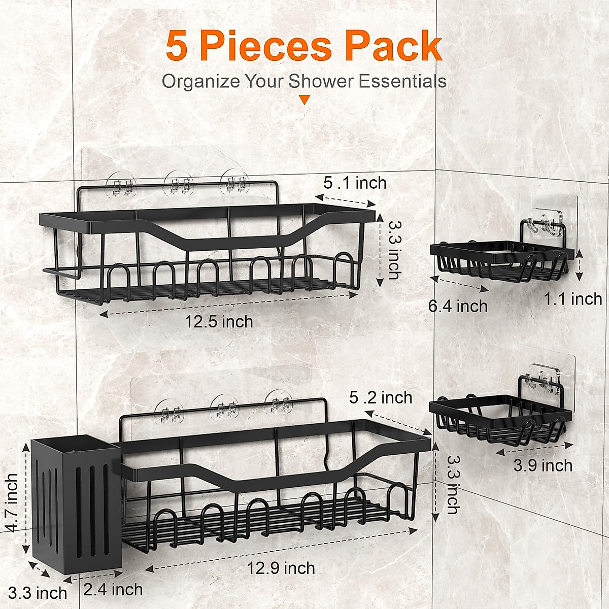 LEPHYON Shower Caddy 5 Pack | No Drilling Shower Organizer for Bathroom with Black Basket | Rustproof Shower Shelf | Large Capacity Shower Rack | Stronger Adhensive Shower Shelves for Tile Wall