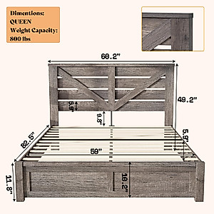 AMERLIFE Queen Size Farmhouse Bed Frame with 49.2" Barn Door Headboard, Platform Bed Frame with Wood Slats, Under Bed Storage Space, Easy Assembly, Noisy Free, Rustic Gray