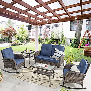 Belord Wicker Porch Rocking Chairs - 3 Pieces Patio Bistro Set High Back Outdoor Rocker Chairs Set with Side Table for Deck Balcony Brown